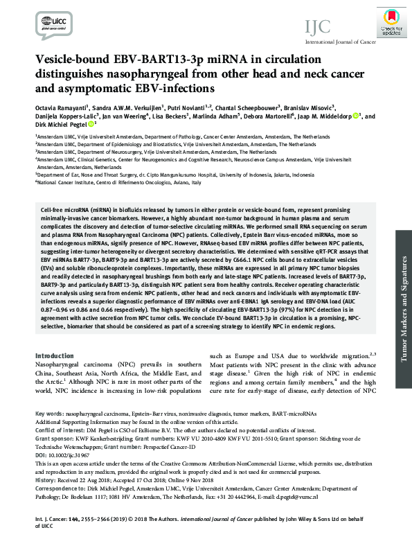 (PDF) Vesicle‐bound EBV‐BART13‐3p miRNA in circulation distinguishes ...