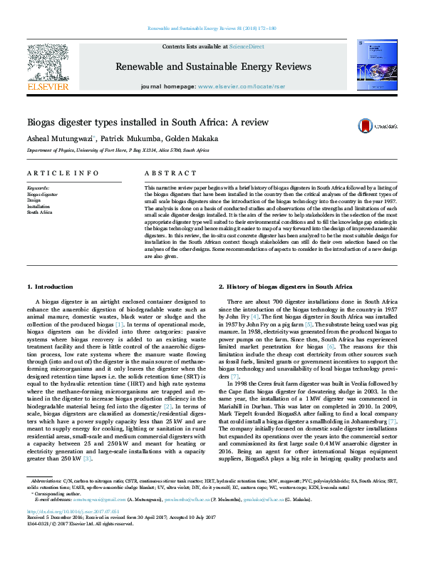 (PDF) Biogas digester types installed in South Africa: A review