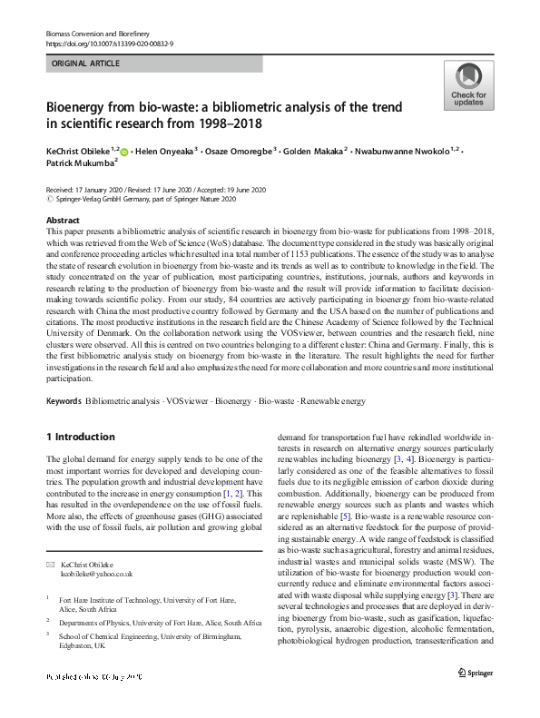 (PDF) Bioenergy from bio-waste: a bibliometric analysis of the trend in ...