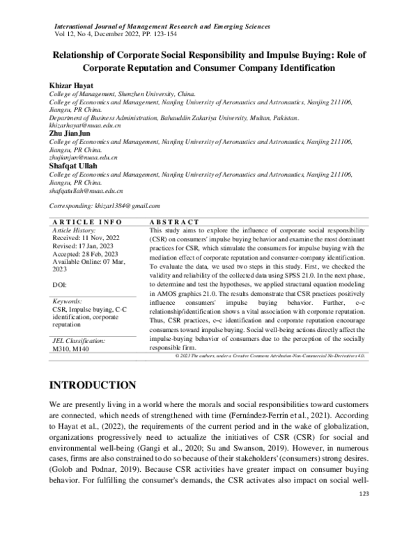 (PDF) Relationship of Corporate Social Responsibility and Impulse Buying: Role of Corporate ...