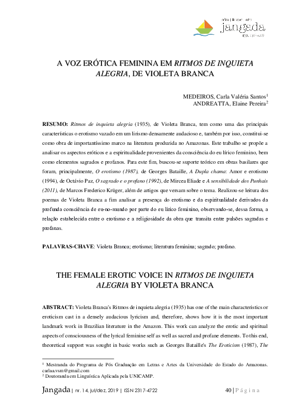 (PDF) A voz erótica feminina em "Ritmos de inquieta alegria", de Violeta Branca | Elaine Pereira ...