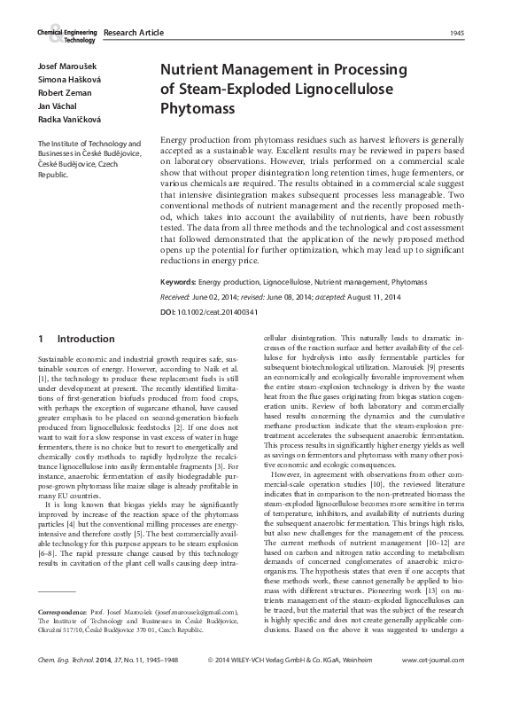 (PDF) Nutrient Management in Processing of Steam‐Exploded Lignocellulose Phytomass