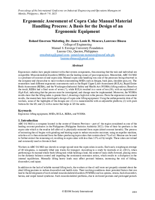(PDF) Ergonomic Assessment of Copra Cake Manual Material Handling ...