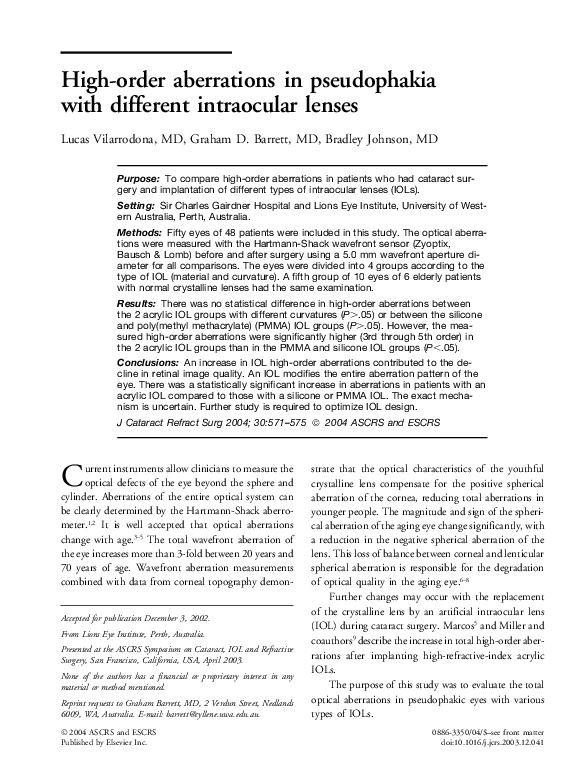 (PDF) High-order aberrations in pseudophakia with different intraocular ...