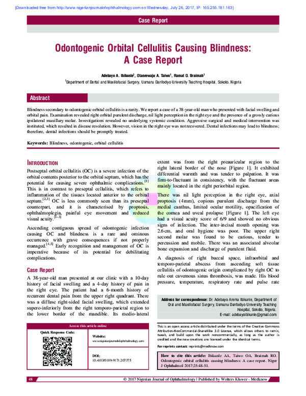 (PDF) Odontogenic orbital cellulitis causing blindness: A case report