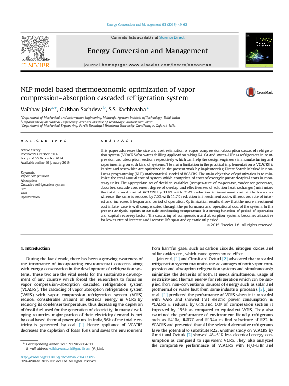 (PDF) NLP model based thermoeconomic optimization of vapor compression–absorption cascaded ...