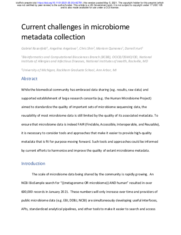 (PDF) Current challenges in microbiome metadata collection