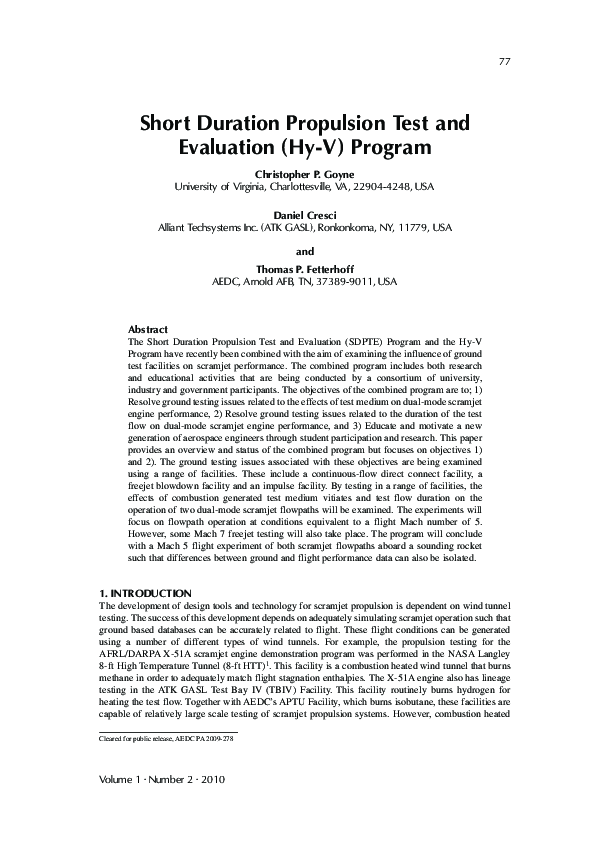 (PDF) Short Duration Propulsion Test and Evaluation (Hy-V) Program