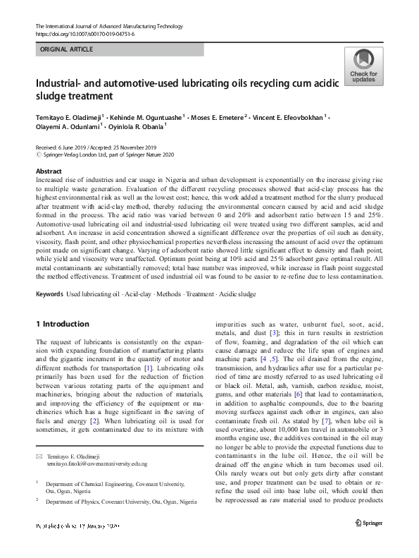 (PDF) Industrial- and automotive-used lubricating oils recycling cum ...