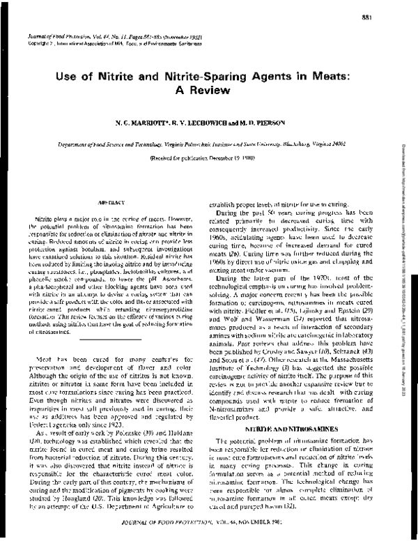 (PDF) Use of Nitrite and Nitrite-Sparing Agents in Meats: A Review