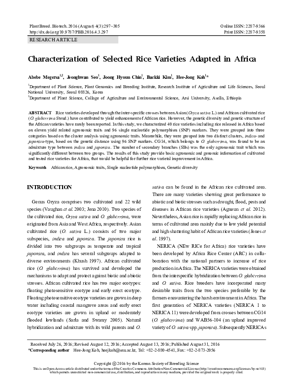 (PDF) Characterization of Selected Rice Varieties Adapted in Africa