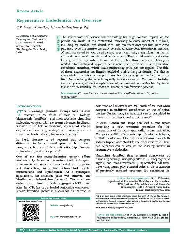 (PDF) Regenerative endodontics: An overview
