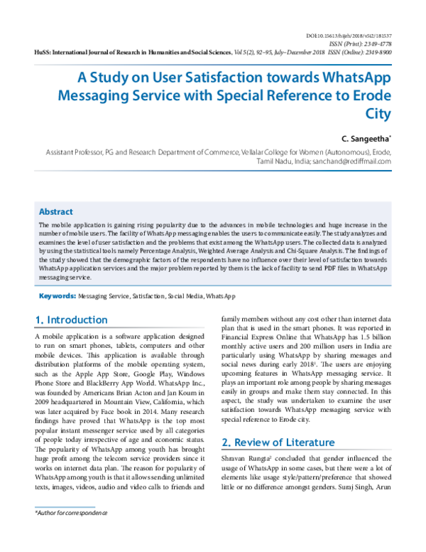 (PDF) A Study on User Satisfaction towards WhatsApp Messaging Service ...