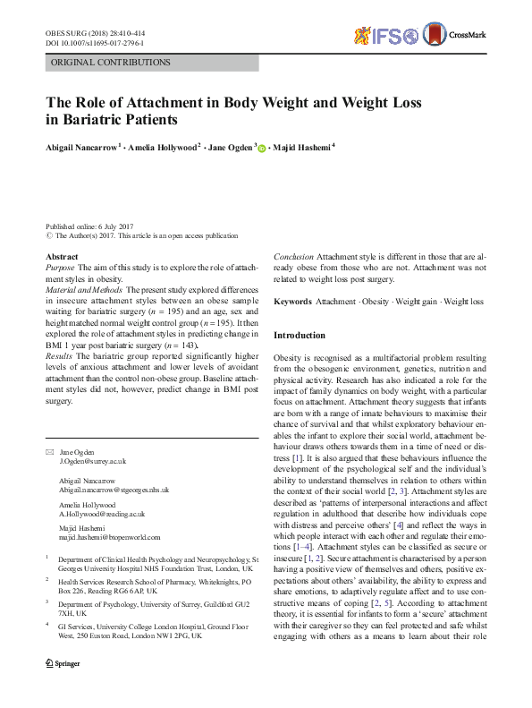 (PDF) The Role of Attachment in Body Weight and Weight Loss in ...