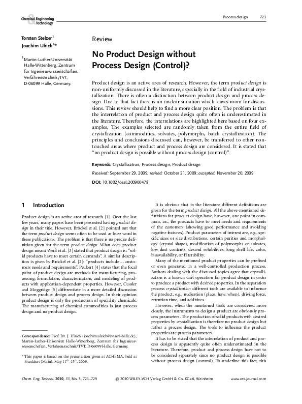 (PDF) No Product Design without Process Design (Control)?