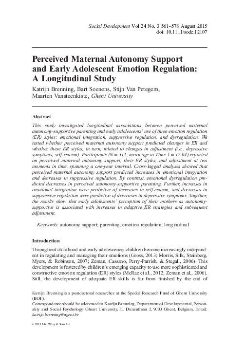(PDF) Perceived Maternal Autonomy Support and Early Adolescent Emotion ...