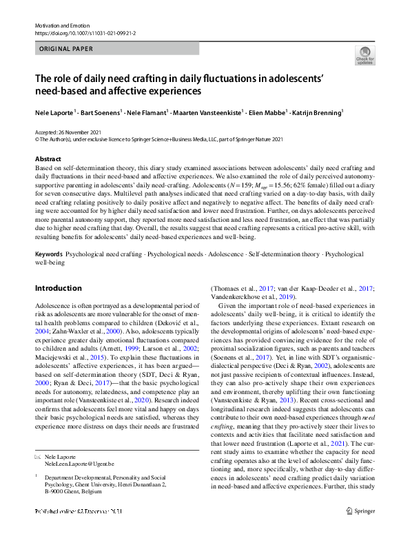 (PDF) The role of daily need crafting in daily fluctuations in adolescents’ need-based and ...