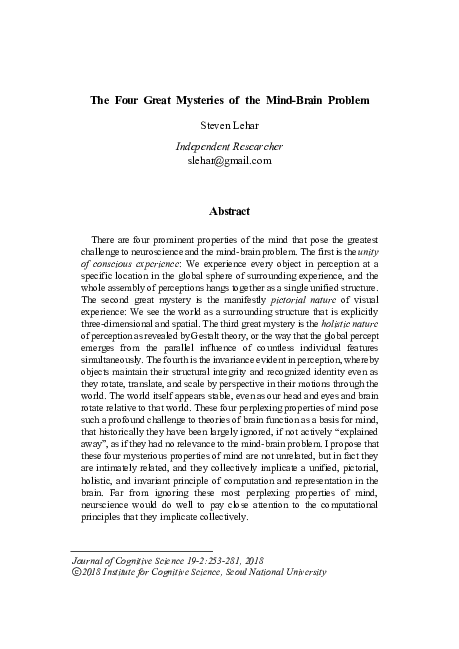 (PDF) The Four Great Mysteries of the Mind-Brain Problem | Steven Lehar ...