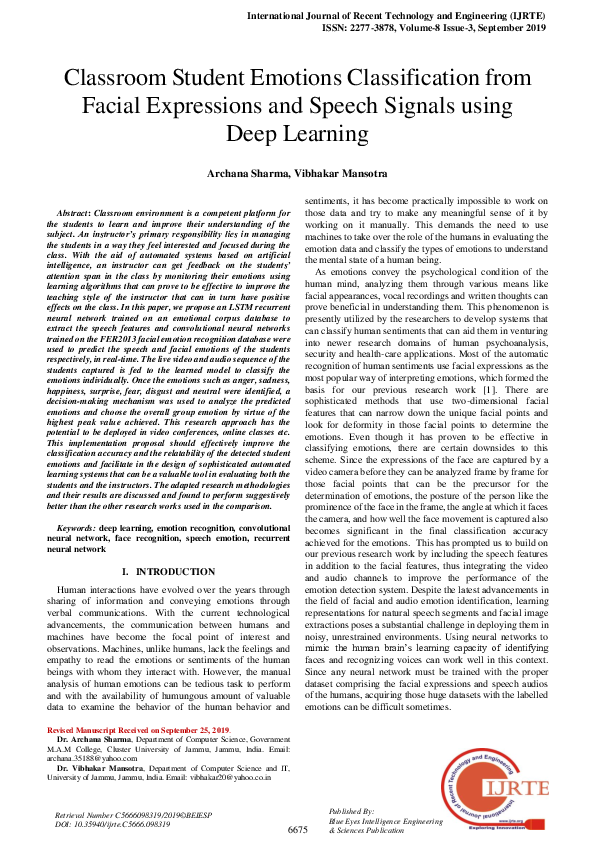 (PDF) Classroom Student Emotions Classification from Facial Expressions and Speech Signals using ...