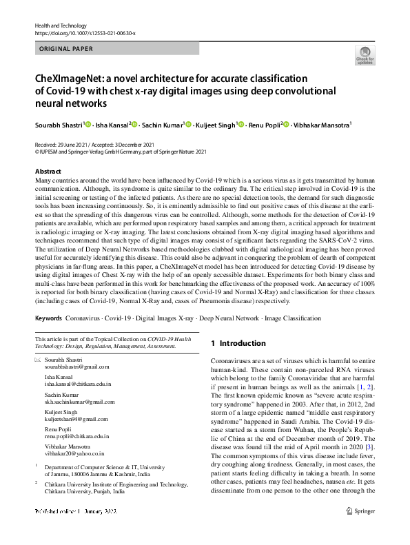 (PDF) CheXImageNet: a novel architecture for accurate classification of Covid-19 with chest x ...