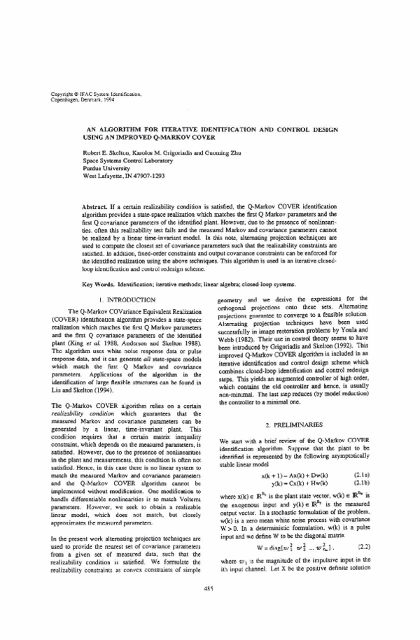 Pdf An Algorithm For Iterative Identification And Control Design Using An Improved Q Markov Cover