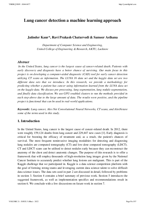 (PDF) Lung cancer detection a machine learning approach