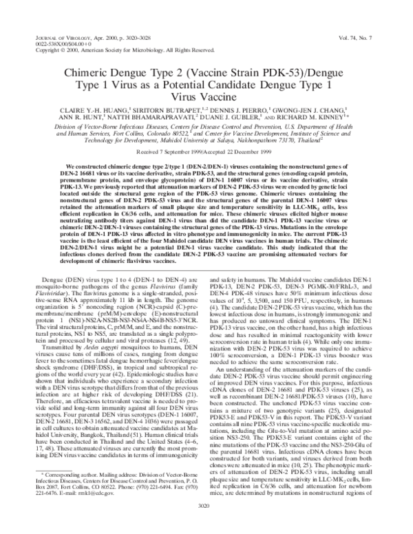 (PDF) Chimeric Dengue Type 2 (Vaccine Strain PDK-53)/Dengue Type 1 ...