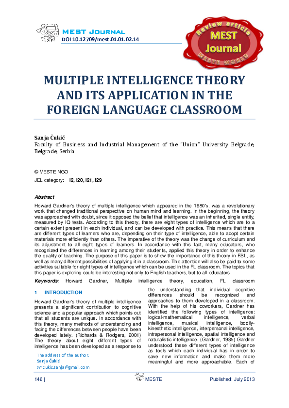 (PDF) Multiple Intelligence Theory and Its Application in the Foreign Language Classroom