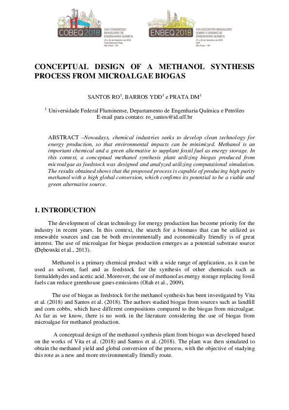 (PDF) Conceptual Design of a Methanol Synthesis Process from Microalgae ...