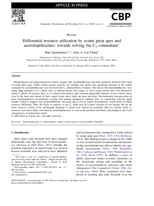 (PDF) Differential resource utilization by extant great apes and ...