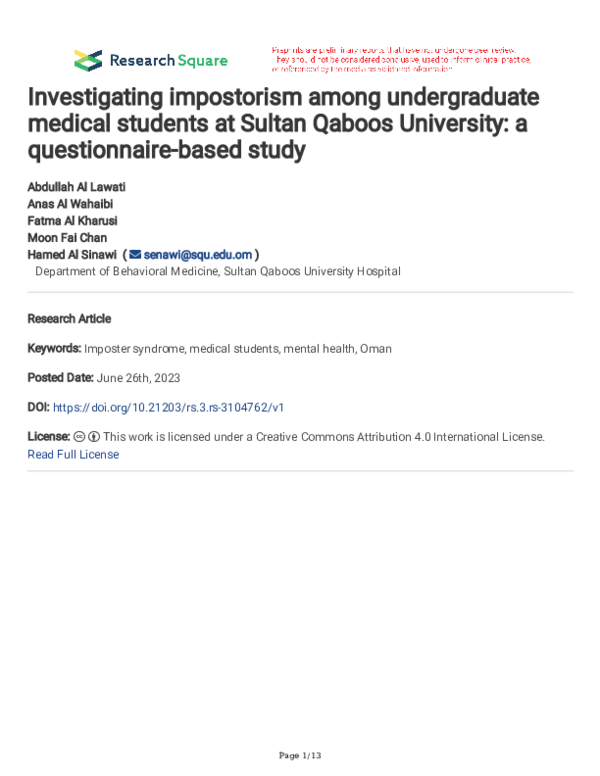 (PDF) Investigating impostorism among undergraduate medical students at ...