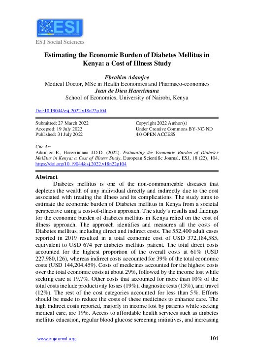 (PDF) Estimating the Economic Burden of Diabetes Mellitus in Kenya: a ...