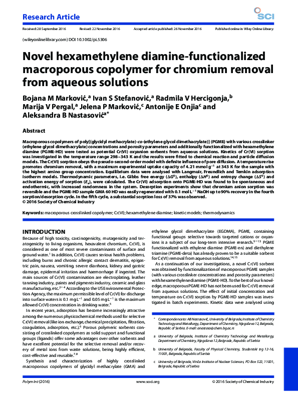 (PDF) Novel hexamethylene diamine-functionalized macroporous copolymer ...