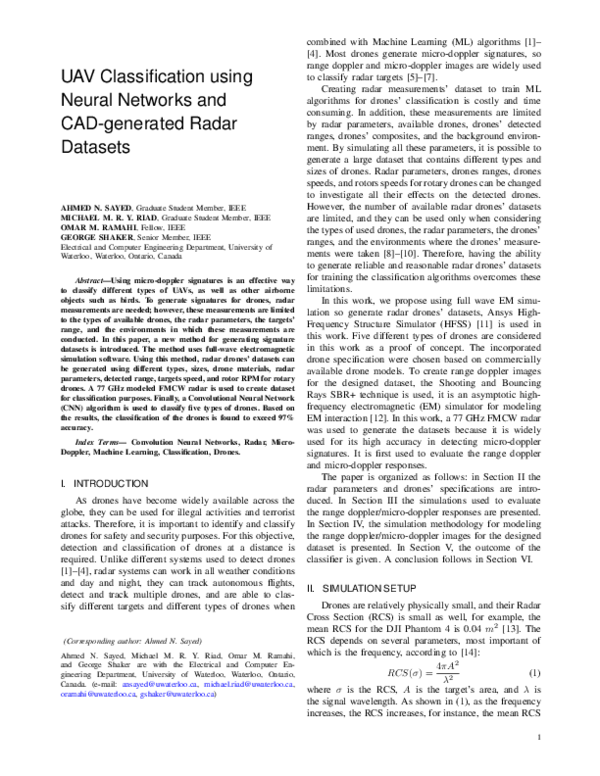 (PDF) UAV Classification using Neural Networks and CAD-generated Radar Datasets