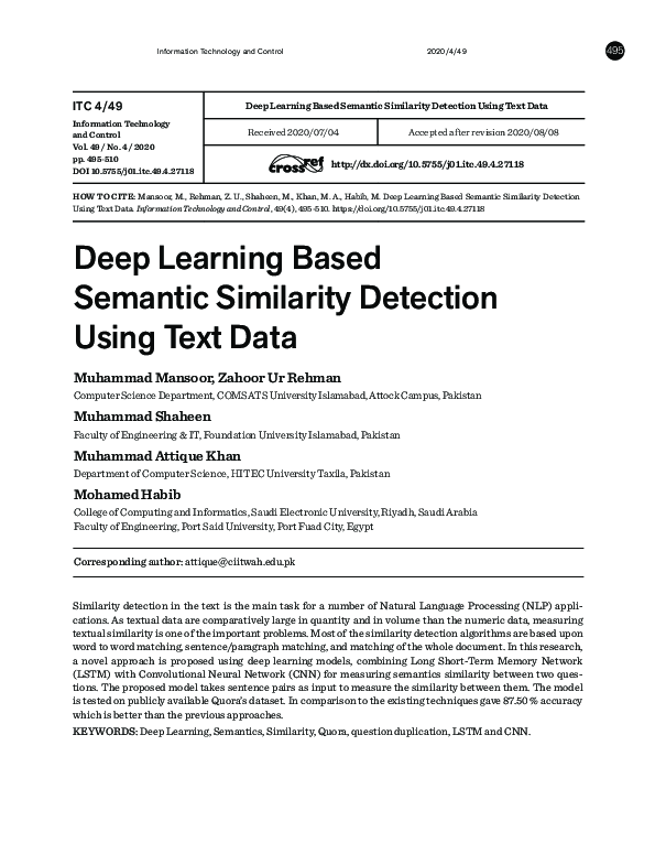 Pdf Deep Learning Based Semantic Similarity Detection Using Text Data