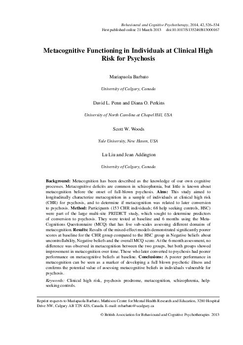 (PDF) Metacognitive Functioning in Individuals at Clinical High Risk for Psychosis