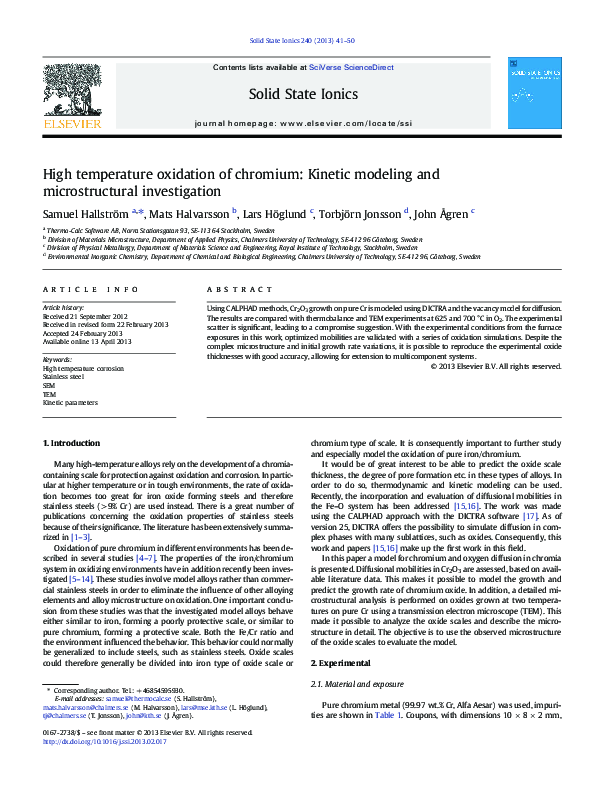 (PDF) High temperature oxidation of chromium: Kinetic modeling and ...