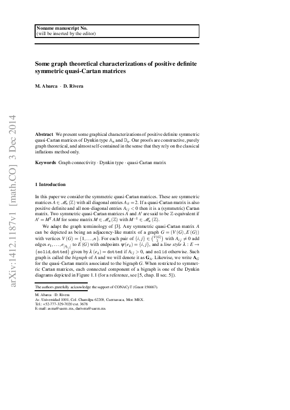 (PDF) Some graph theoretical characterizations of positive definite symmetric quasi-Cartan ...