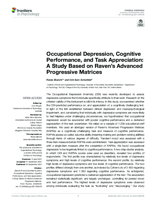 (PDF) Occupational Depression, Cognitive Performance, and Task ...