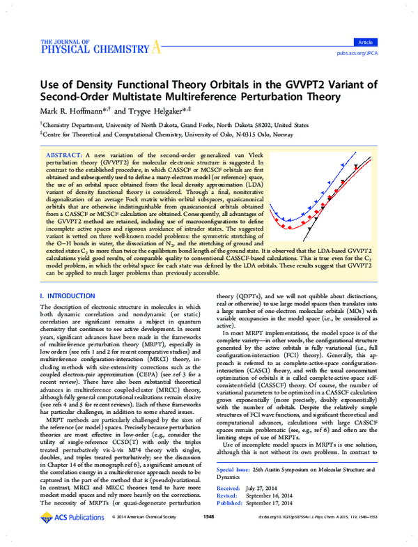 (PDF) Use of Density Functional Theory Orbitals in the GVVPT2 Variant of Second-Order Multistate ...
