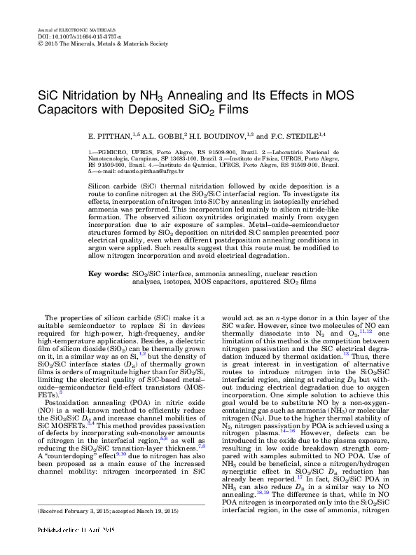 (PDF) SiC Nitridation by NH3 Annealing and Its Effects in MOS Capacitors with Deposited SiO2 Films