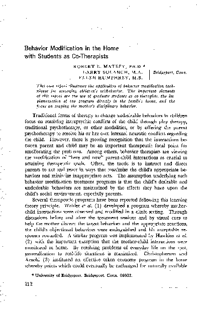 (PDF) Behavior Modification in the Home with Students as Co-Therapists