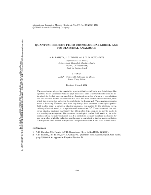 (PDF) Quantum Perfect Fluid Cosmological Model and Its Classical Analogue