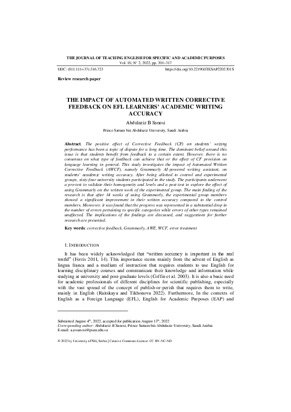 (PDF) The Impact of Automated Written Corrective Feedback on Efl Learners’ Academic Writing Accuracy