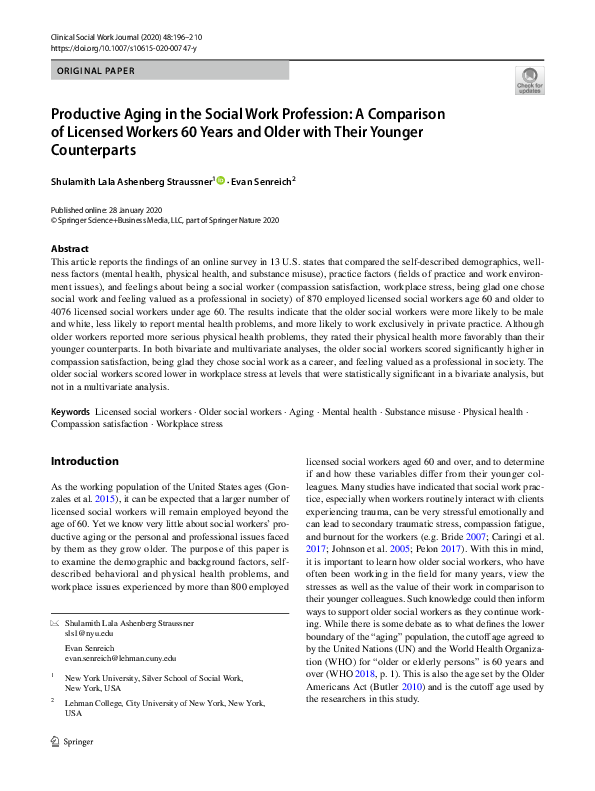 (PDF) Productive Aging in the Social Work Profession: A Comparison of ...