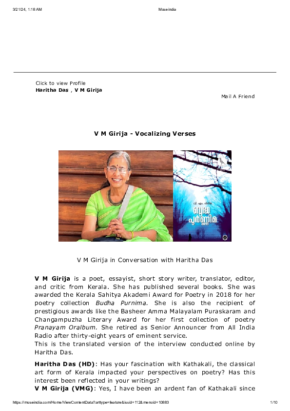 (PDF) Vocalising Verses; V M Girija in Conversation with Haritha Das