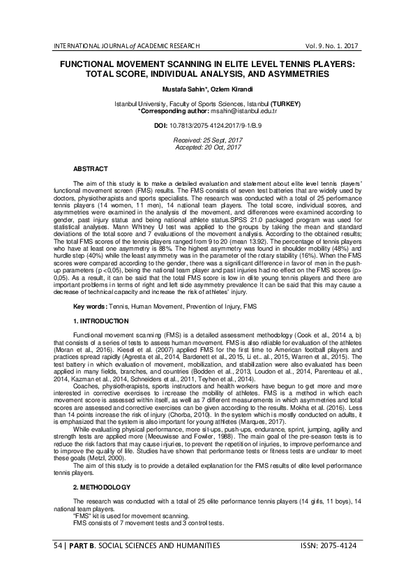 (PDF) Functional movement scanning In elite level tennis players: total ...