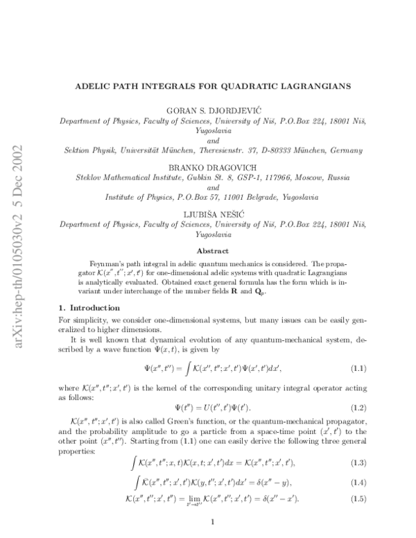 (PDF) Adelic Path Integrals for Quadratic Lagrangians