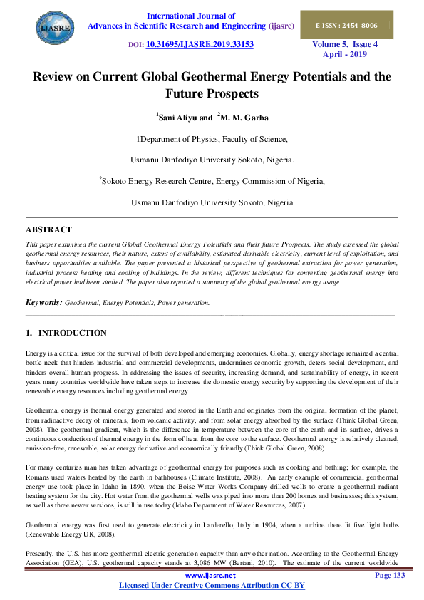 (PDF) Review on Current Global Geothermal Energy Potentials and the ...