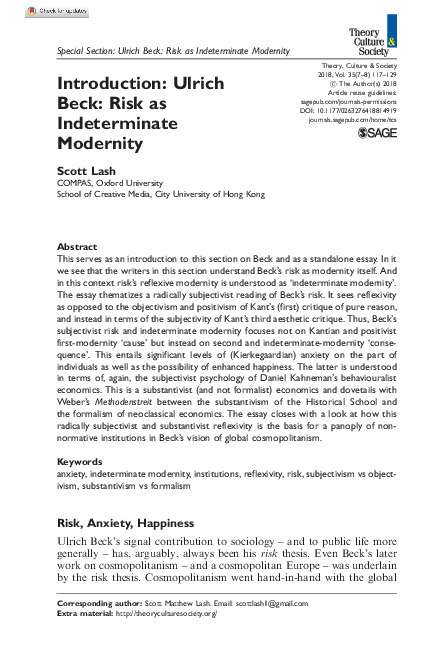 (PDF) Introduction: Ulrich Beck: Risk as Indeterminate Modernity
